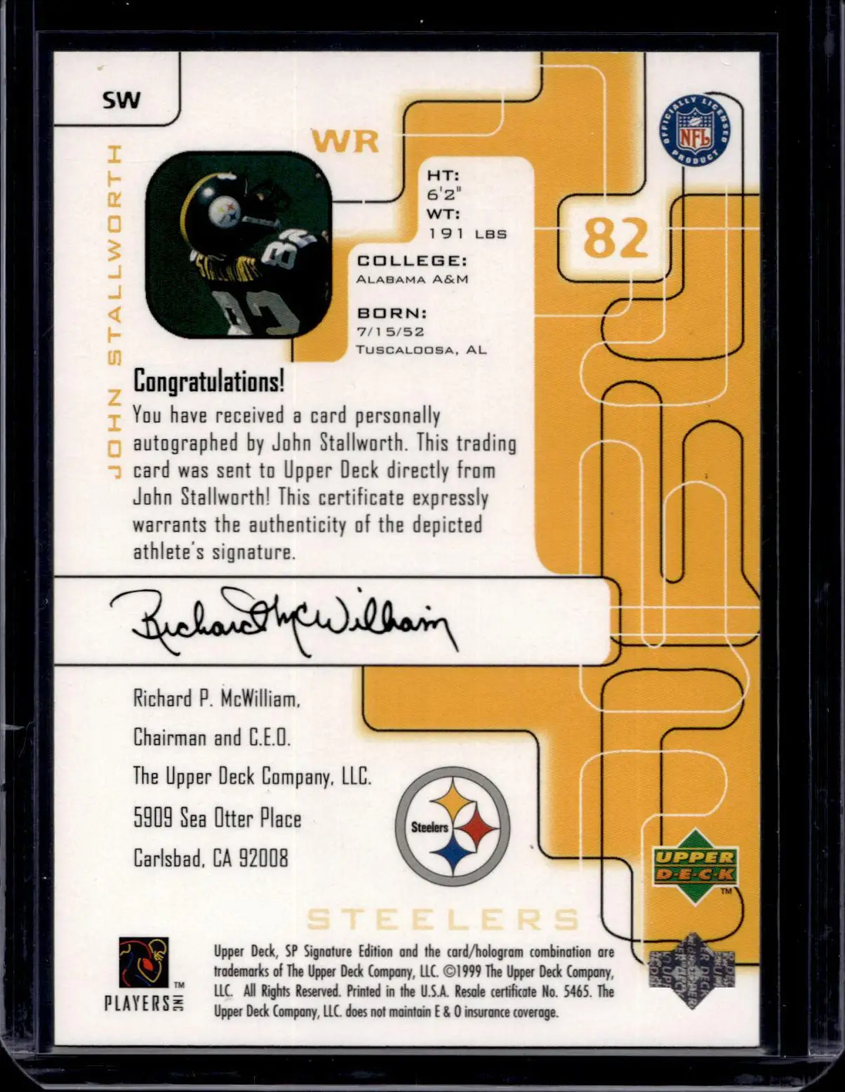 John Stallworth 1999 SP Signature Auto Pittsburgh Steelers SW ...