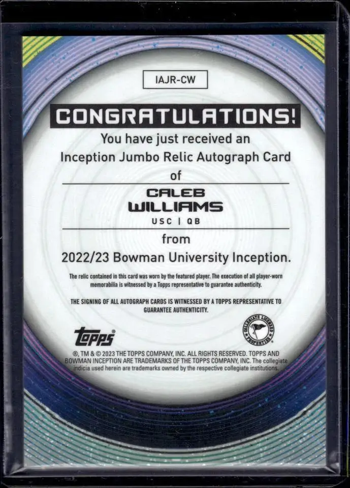 Caleb Williams 2022-23 Bowman U Inception Relic Auto /199 USC Trojans ...